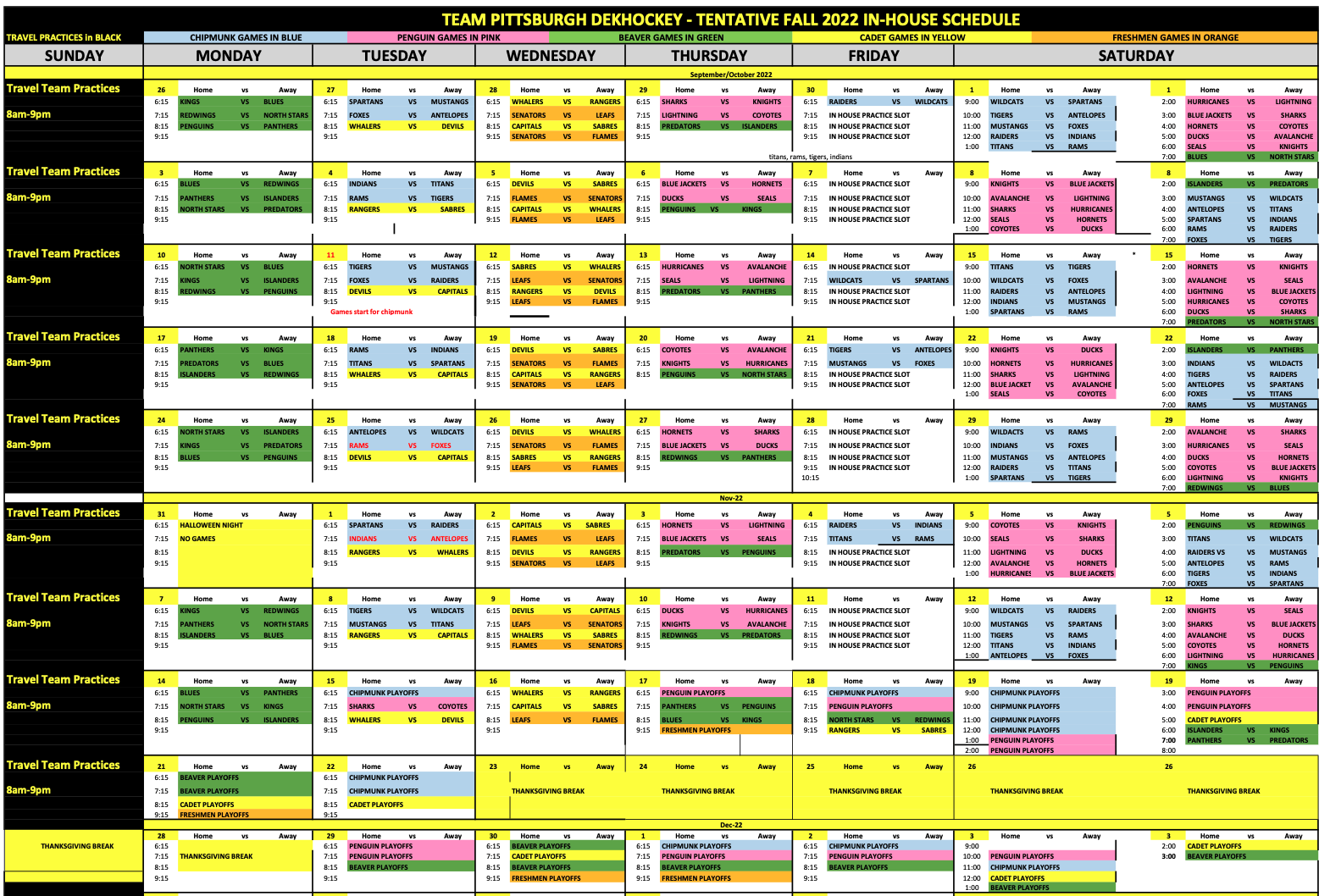 Fall In-House Schedule